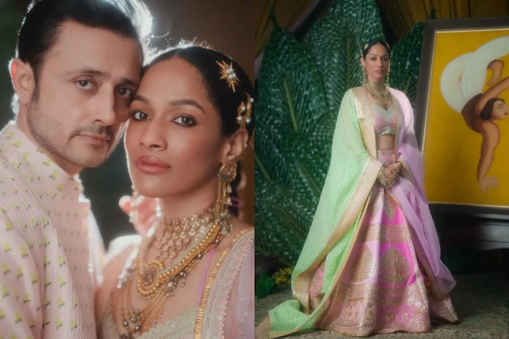 Masaba Gupta ties the knot with beau Satyadeep Misra wearing barfi pink raw silk lehenga; Take a ...