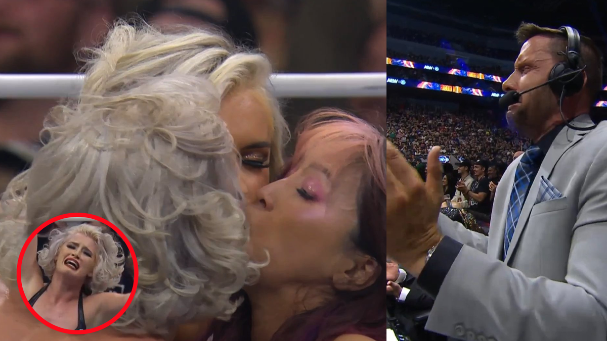 Toni Storm, Mariah May, and Mina Shirakawa kiss each other at Forbidden Door