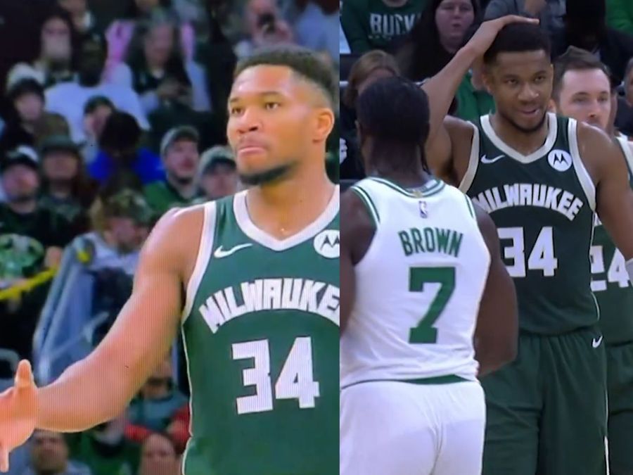 WATCH: Giannis Antetokounmpo plays fake handshake trick on Jaylen Brown