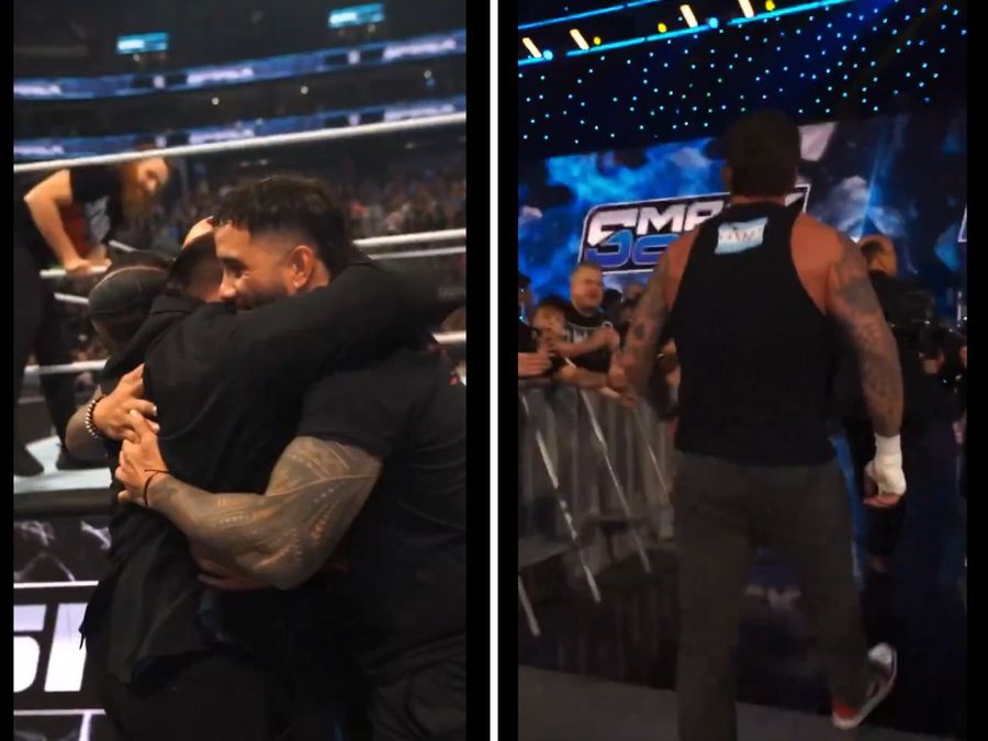 Paul Heyman hugs Jey and Jimmy Uso on returning to WWE Smackdown