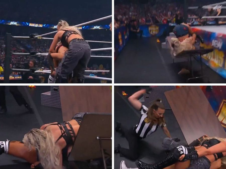 Mariah May delivers banned Piledriver through the table to Thunder Rosa