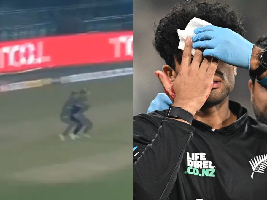 WATCH: Rachin Ravindra gets smacked on face while fielding, raises ...
