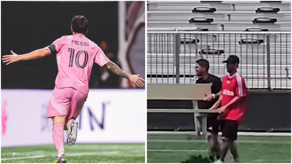 Lionel Messi carries bench during his child's match